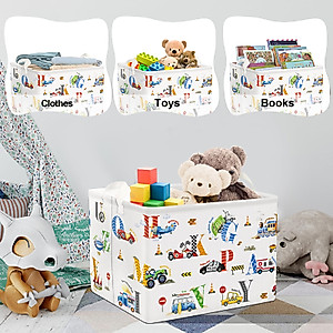 Clastyle Large Alphabet Construction Car Book Shelf Basket Collapsible Rectangle Excavator Ambulance Monster Truck Boy Bin Clothes Toy Car Storage Basket for Kids Room Nursery