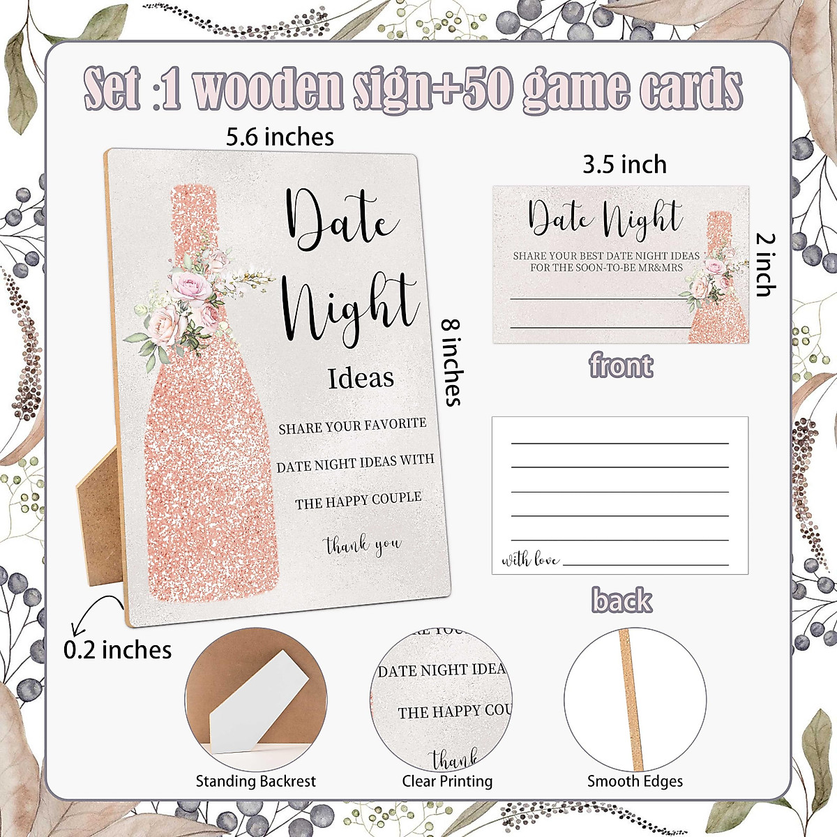 Date Night Ideas for Couples, Bridal Shower Games Date Night Sign, 1 Wooden Sign with 50 Cards, Floral Wishes Advice Game for Wedding, Bachelorette Party Night, Engagement Decoration