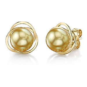 THE PEARL SOURCE 14K Gold 9-10mm Round Genuine Golden South Sea Cultured Pearl Lexi Earrings for Women