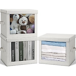 Bellzacasa Large Collapsible Storage Bins with Lids, 3 Pack Foldable Clear Window Storage Boxes with Handles, Linen Fabric Storage Cubes Baskets Organizer Containers, Beige, 15.8x11.8x11.8”