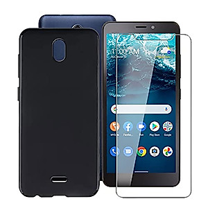 HGJTF Phone Case for Nokia C100 4G (5.45") with 1 X Tempered Glass Screen Protector, Black Soft Silicone Anti-Drop TPU Bumper Non-Slip Shell Cover for Nokia C100 4G - Black