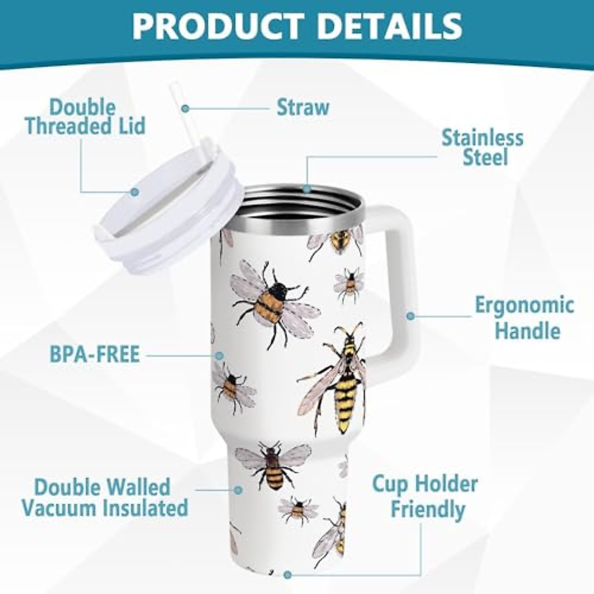 CIJEMAPW Wasp Small Funny Bee Insulated Tumblers Embroidery 40 oz Water Bottles Travel Mug with Handle and Straw Lid Leakproof School Work Outdoor for Women & Men