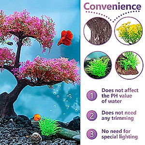 Ameliade Aquarium Artificial Plastic Plants Decoration, Pink Cherry Blossom Tree & Grass Aquarium Decor Set, Goldfish Betta Fish Tank Decorations Hides Accessories （Pink