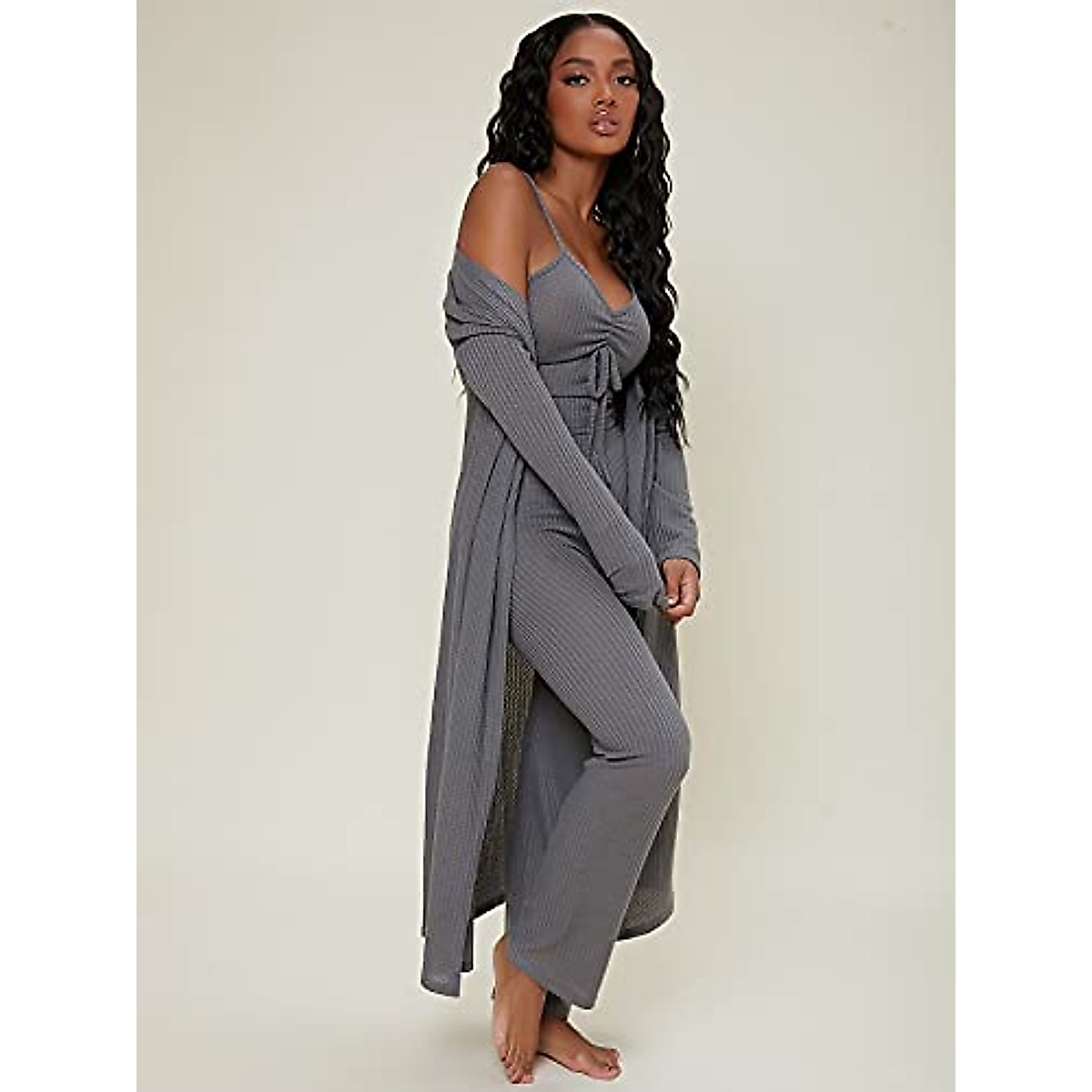 SheIn Women's Ruched Knot Bust Cami Top Long Pants Lounge Set with Long Sleeve Robe Dark Grey Large