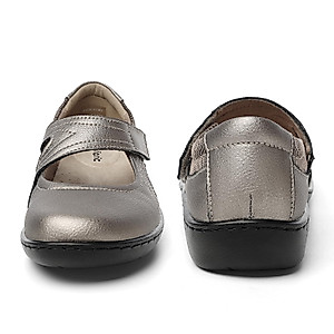 Oviaric Women's Classic Comfort Pewter Mary Jane Flats Fashion Casual Dress Shoes Cute Closed Toe Slip On Lightweight Breathable Walking Shoes 10 M US 1904-GUT100