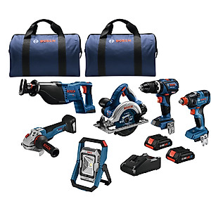 BOSCH GXL18V-601B25 18V 6-Tool Combo Kit with 2-in-1 Bit/Socket Impact Driver, Hammer Drill/Driver, Reciprocating Saw, Circular Saw, Angle Grinder, Floodlight and (2) CORE18V 4.0 Ah Compact Batteries