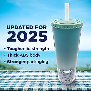 Bumbler 24oz Large Reusable Portable Eco-Friendly Tumbler | Drinking Cup with Wide Soft Tip Straw, Aesthetic Leak-Proof Lid – for Boba Tea, Smoothies, Iced Coffee, Hot or Cold Drinks – Fresh Mint