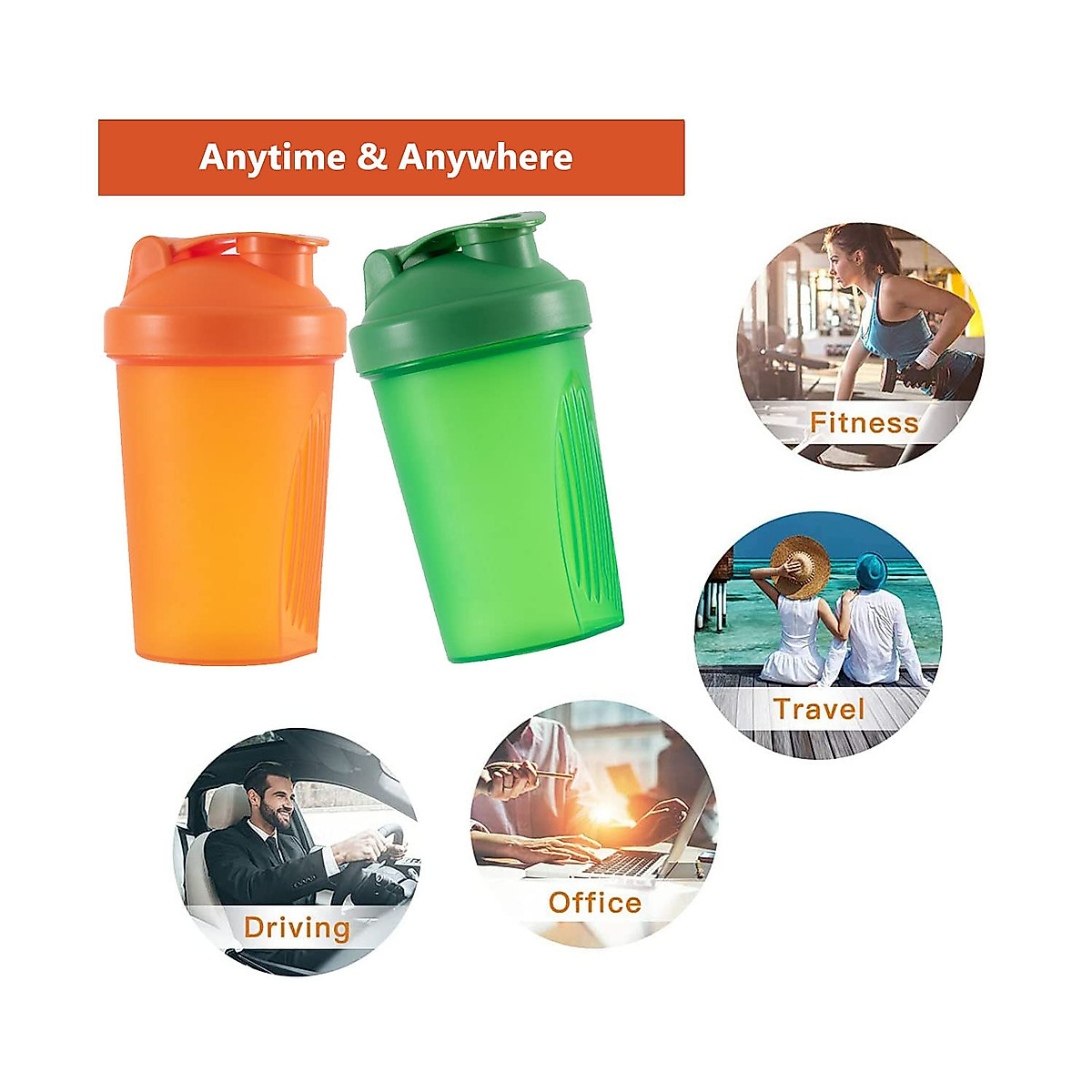 ANNAKIKI Shaker Bottle Protein Shakes and 16-Ounce/400ML Shaker Bottle with Wire Whisk Balls,Free of BPA plastic (Orange+Green(2PCS))