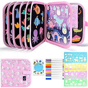 Miavogo Kids Erasable Doodle Book Set, Reusable Drawing Pad with 4 Page Coped Pattern & 12 Watercolor Pens, Preschool Travel Art Toy Scribbler Board for Road Trip Car Games Activities