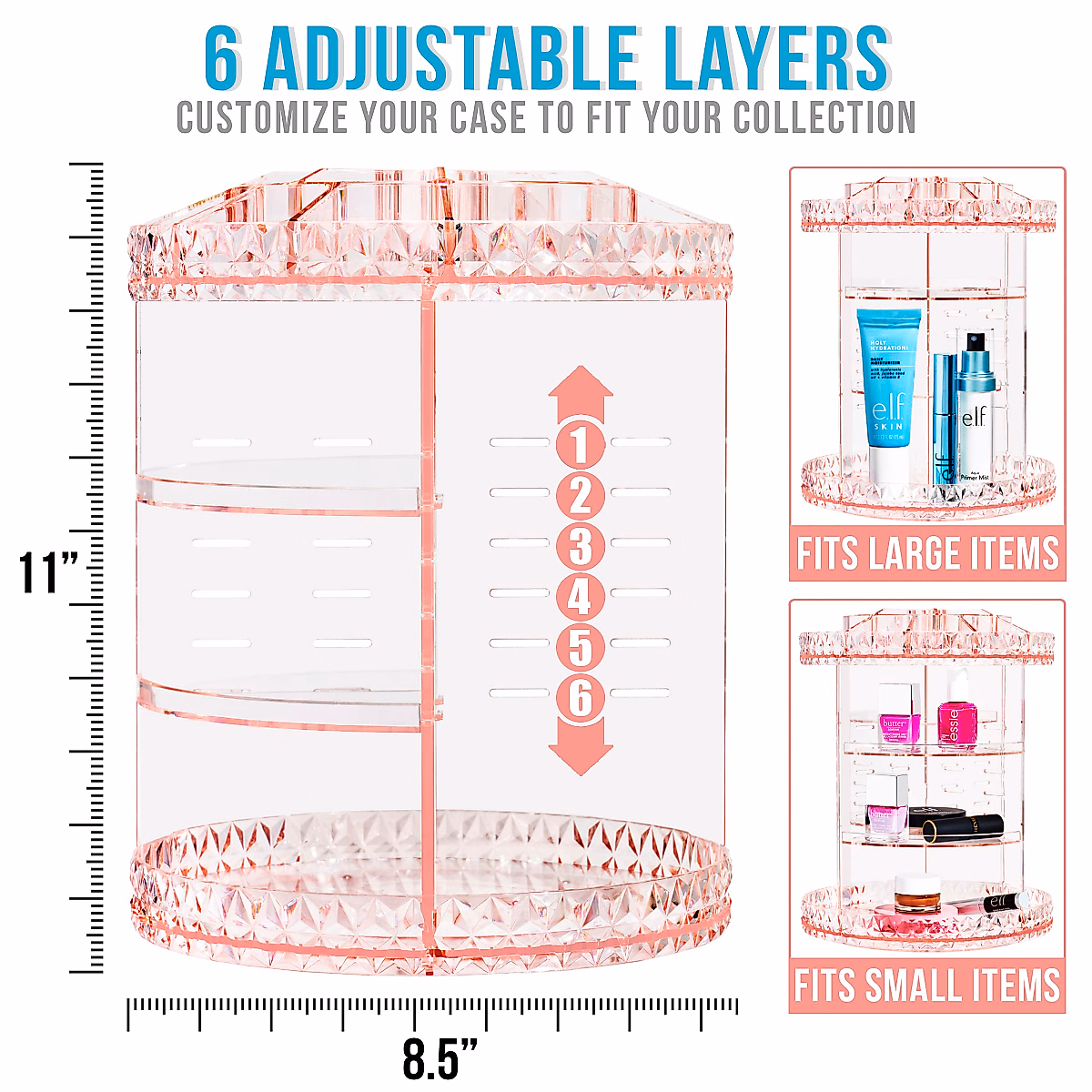 Sorbus 360 Rotating Makeup Organizer - Spinning Acrylic cosmetics organizer, Adjustable Shelves for Make Up, Perfume & Toiletries for Vanity, Bathroom, Bedroom, Closet [Pink]