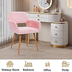 Pink Faux Fur Desk Chair with Wood Transfer Metal Legs,Furry Makeup Vanity Chair with Upholstered Back Comfy Home Office Desk Chair for Girls Women Arm Chair for Bedroom Living Room Task Chair