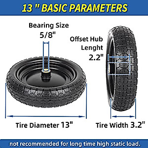 GICOOL 13-Inch Gorilla Cart Tire, Flat-free Solid Tire and Wheel Replacement, with 5/8" Axle Bore Hole, 2.2" Offset Hub for Wheelbarrow Garden Wagon Trolley Dolly Lawn Mover Go Kart
