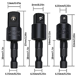 Impact Grade Driver Sockets Adapter Extension Set Drill Bit 3Pcs 1/4 3/8 1/2" 360°Rotatable Universal Socket Adapter Set+Right Angle Drill 105°Right Angle Screwdriver set Drill Hex Bit Socket Adapte