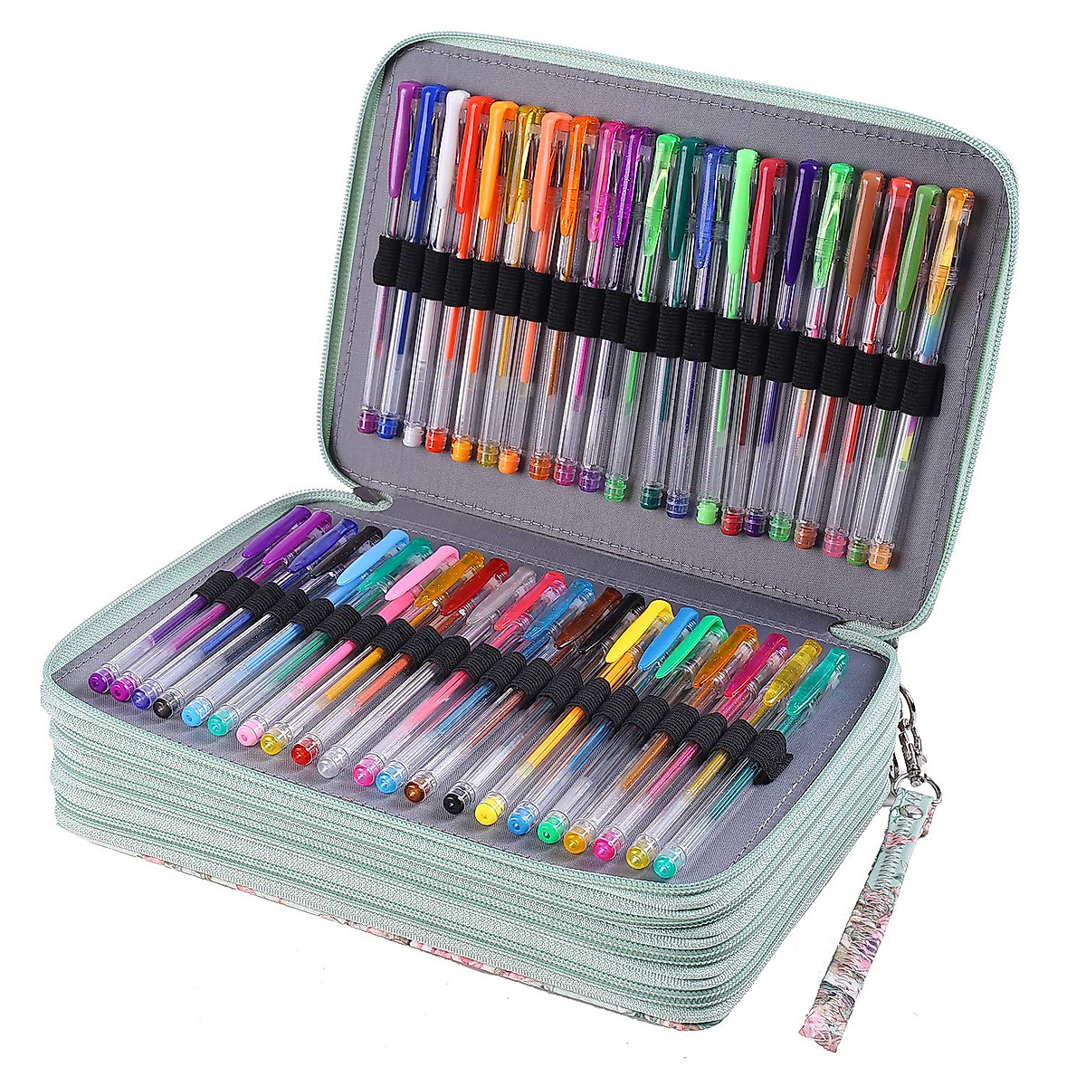 Shulaner 160 Slots Gel Pen or Colored Pencil Case with Zipper Closure Large Capacity Oxford Pen Organizer (Green Rose Gel Pen Case)