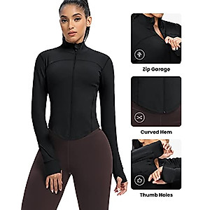 AVGO Women's Cropped Running Workout Jackets Zip Slim Fit Athletic Tops with Thumb Holes(Black, S)