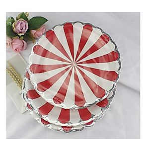 AMYESE Red Striped Round Paper Plates - 9 inch 24 Count Biodegradable Decorative Plates for Birthday Party, Holiday Celebration, Christmas, Graduation, Thanksgiving