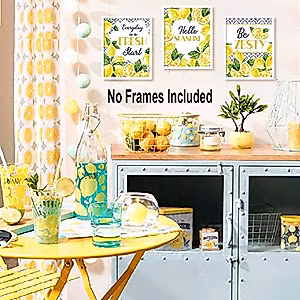 HLNIUC Lemon signs Art Prints, Inspirational Blue Pattern Yellow Lemon Pictures Set Of 6(8”X10”, Unframed), Fruit Botanical Poster Green Leaf Modern Wall Art For Bed Room Living Room Kitchen Decor