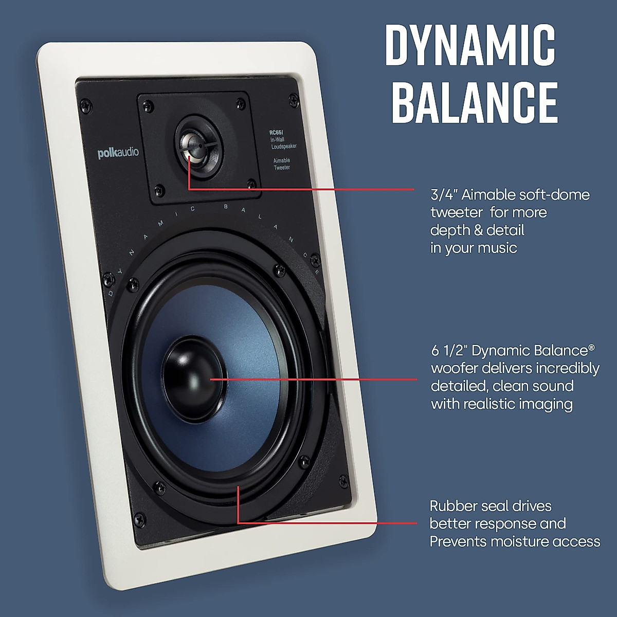 Polk Audio RC65i 2-way Premium in-Wall 6.5" Speakers, Pair of 2 Perfect for Damp and Humid Indoor/Outdoor Placement - Bath, Kitchen, Covered Porches (White, Paintable-Grille)