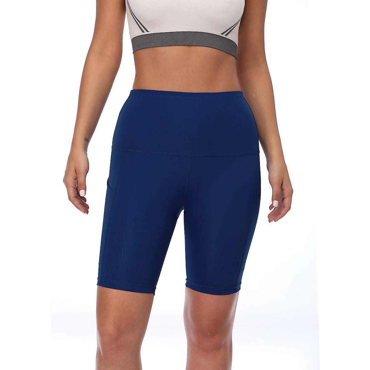 NELEUS Women's 3 Pack Athletic Shorts for Biker Running Yoga Gym Workout Tummy Control Workout with Pocket,1010,White/Blue/Navy,ID 2XL, US XL