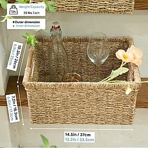 Large Wicker Basket Rectangular with Wooden Handles for Shelves, Seagrass Basket Storage, Natural Baskets for Organizing, Wicker Baskets for Storage - 3 Pack Large