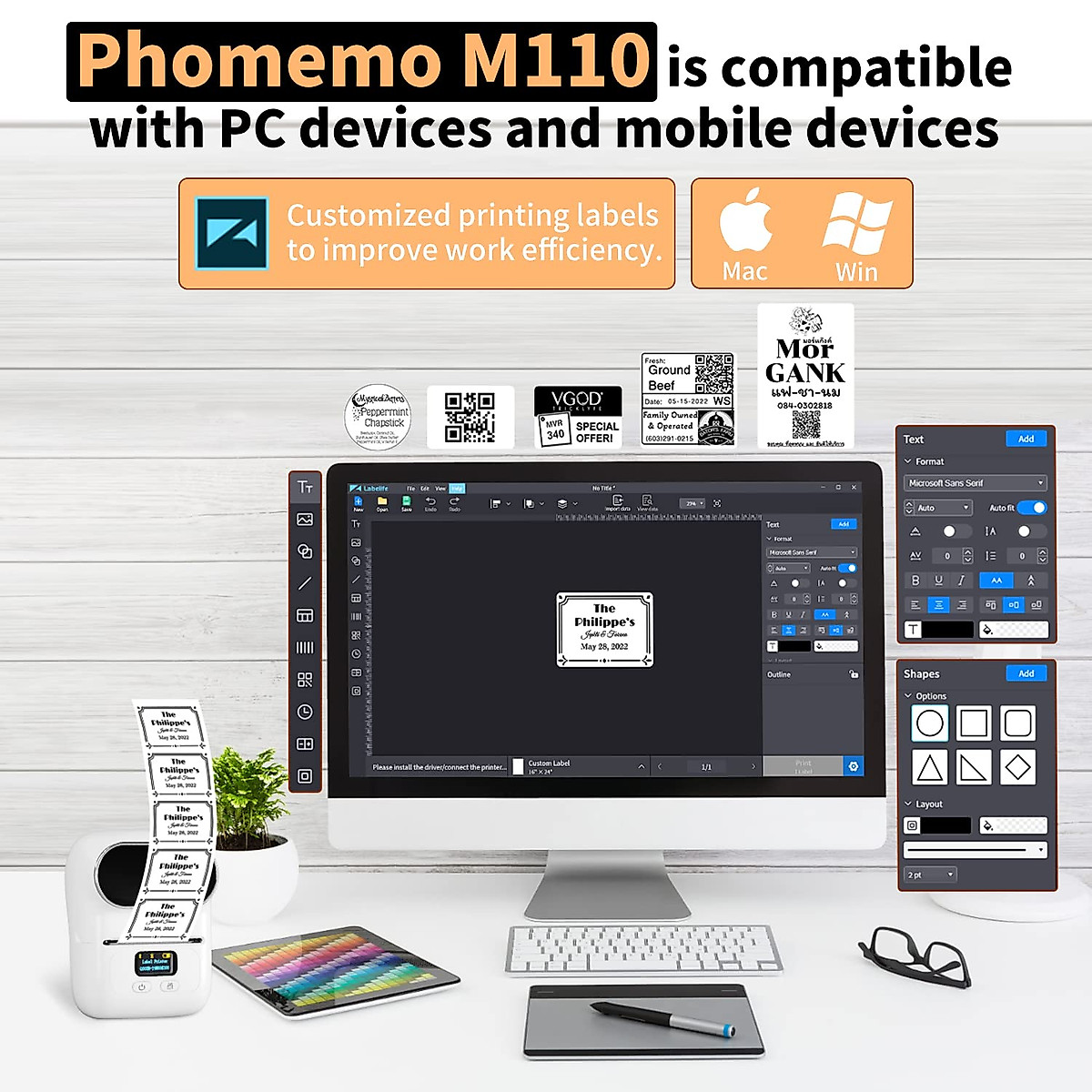 Label Maker Machine,Phomemo M110 Portable Bluetooth Label Printer for Storage, Shipping, Barcode, Mailing, Office, Home, Organizing, Sticker Maker Mini Label Maker with Multiple Templates
