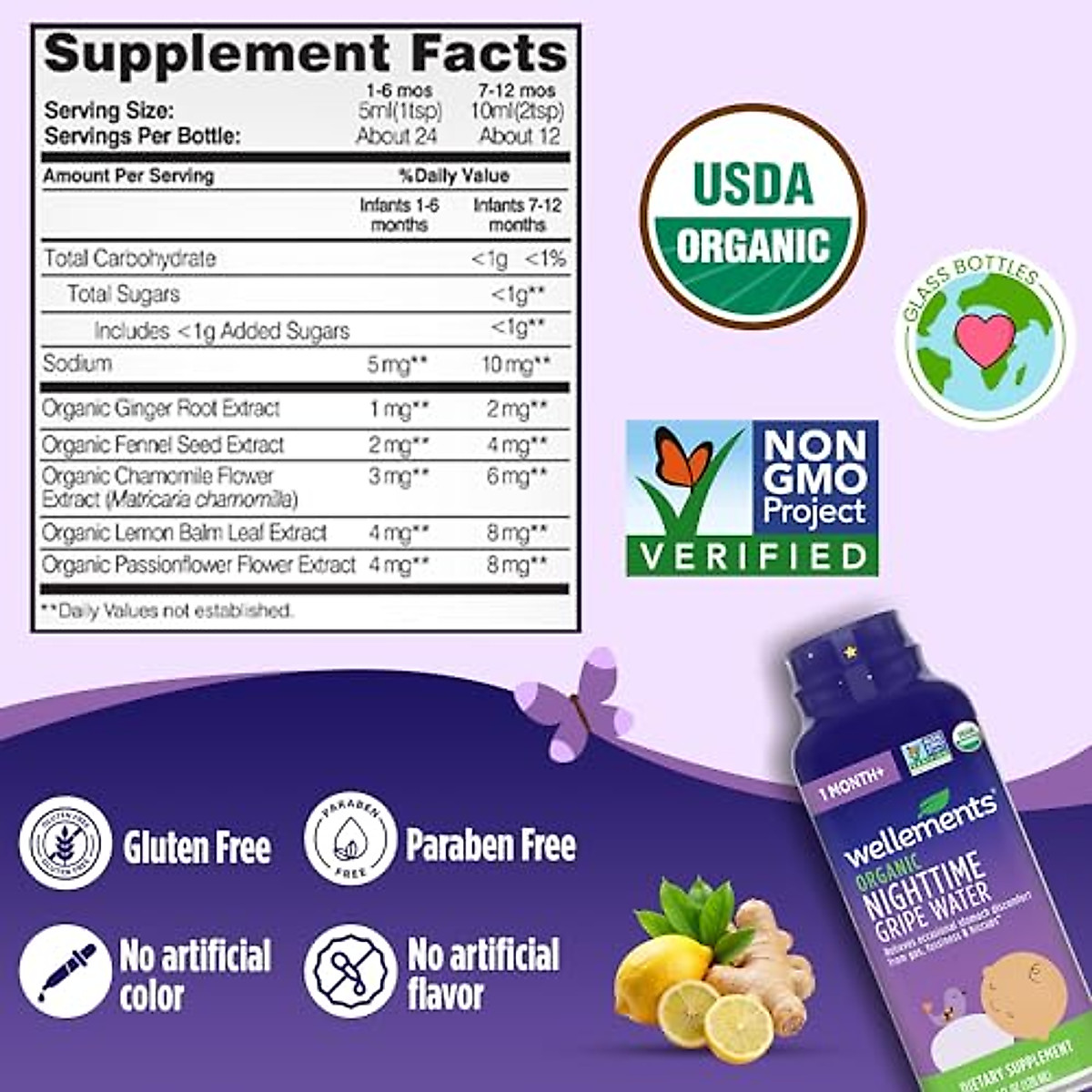 Wellements Organic Nighttime Gripe Water for Babies 1 Month+ (4 Fl Oz) - Baby Gripe Water for Bedtime Relief Gas, Colic & Fussiness - Herbs Promote a Peaceful Night’s Sleep - USDA Certified & Non GMO