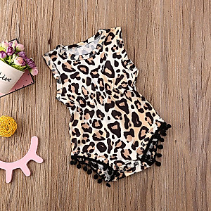 Newborn Kids Baby Girls Clothes Floral Jumpsuit Romper Playsuit Backless Ruffle Headband Sunsuit Outfits (Leopard, 0-6 Months)