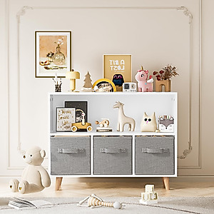 AWQM Kids Bookshelf with 3 Drawers, Toy Storage Organizer, Multi-Functional Cabinet Organizer for Playroom, Nursery and Bedroom, Gray