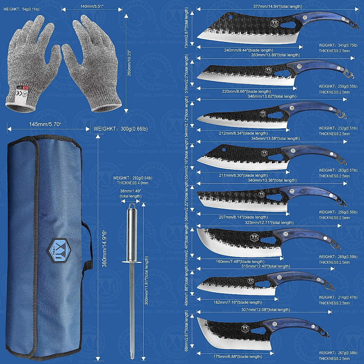 XYJ 9pcs Camping Cleaver Knives Set,Cooking Chef Knife With Bag,Sharpener,Carving Kitchen Butcher Knife,Outdoor Vegetable Knives,Full Tang Blue