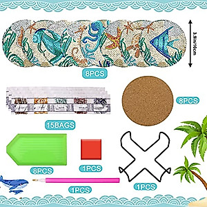 UPINS 8Pcs Diamond Painting Coasters for Drinks DIY Coaster Diamond Art Kits for Adults Kids Beginners Diamond Art Craft Supplies (Ocean)