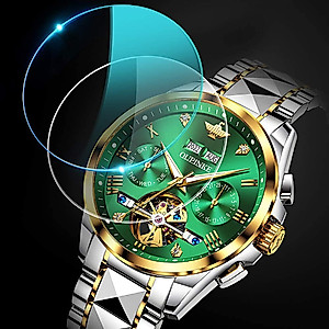 OUPINKE Mens Green Watches Automatic Skeleton Mechanical Self Winding Tourbillon Luxury Dress Wristwatch