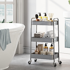 TOOLF 3-Tier Rolling Cart, Metal Utility Cart with Lockable Wheels, Storage Craft Art Cart Trolley Organizer Serving Cart Easy Assembly for Office, Bathroom, Kitchen, Kids' Room, Classroom (Grey)