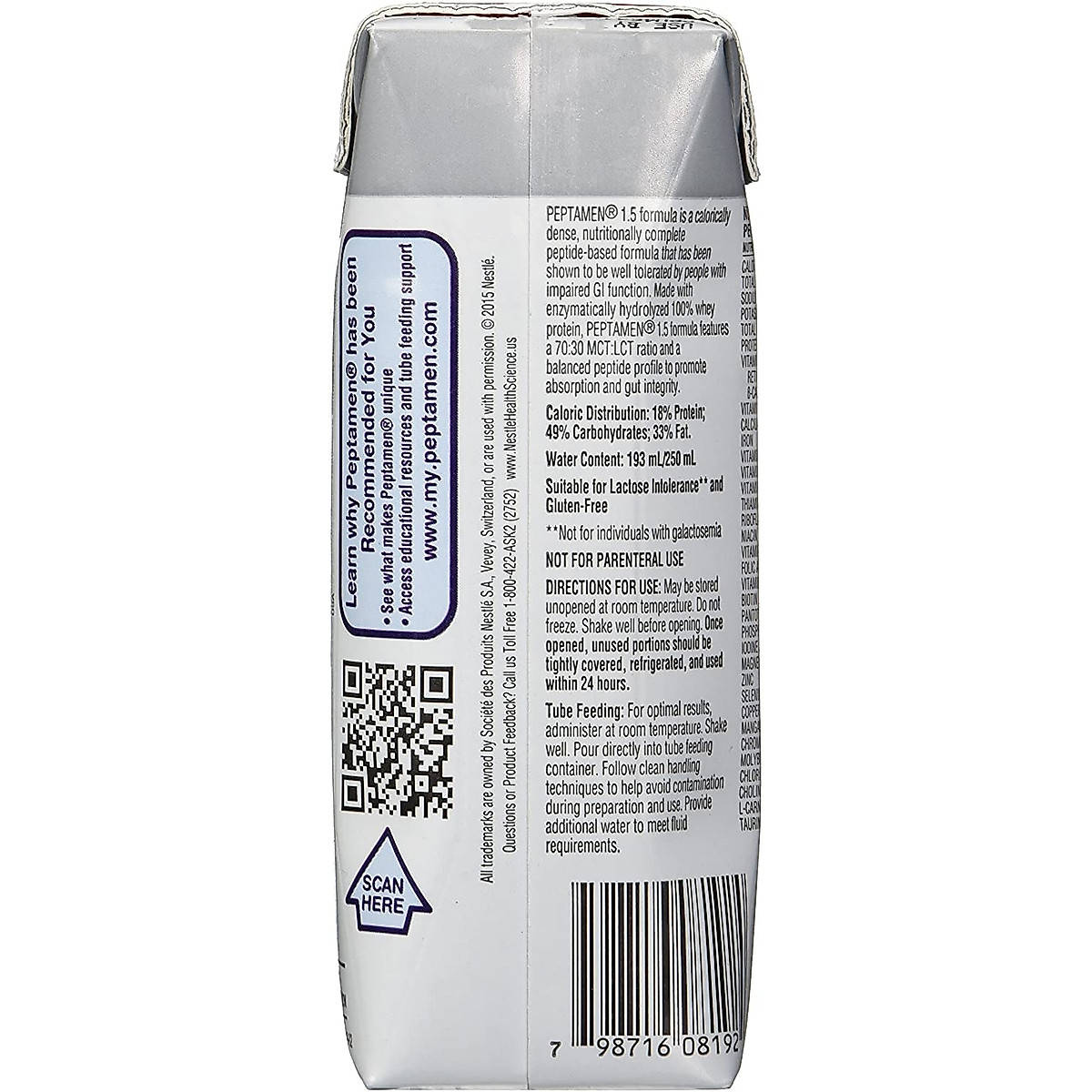 Peptamen 1.5 Complete High Calorie Elemental Diet Unflavored Liquid - 8.4Oz X 24Cans/Case