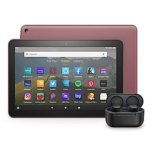 Fire HD 8 tablet Echo Buds bundle including Fire HD 8 tablet (Plum, 32 GB), Lockscreen Ad-Supported, 8" HD display, and All-new Echo Buds