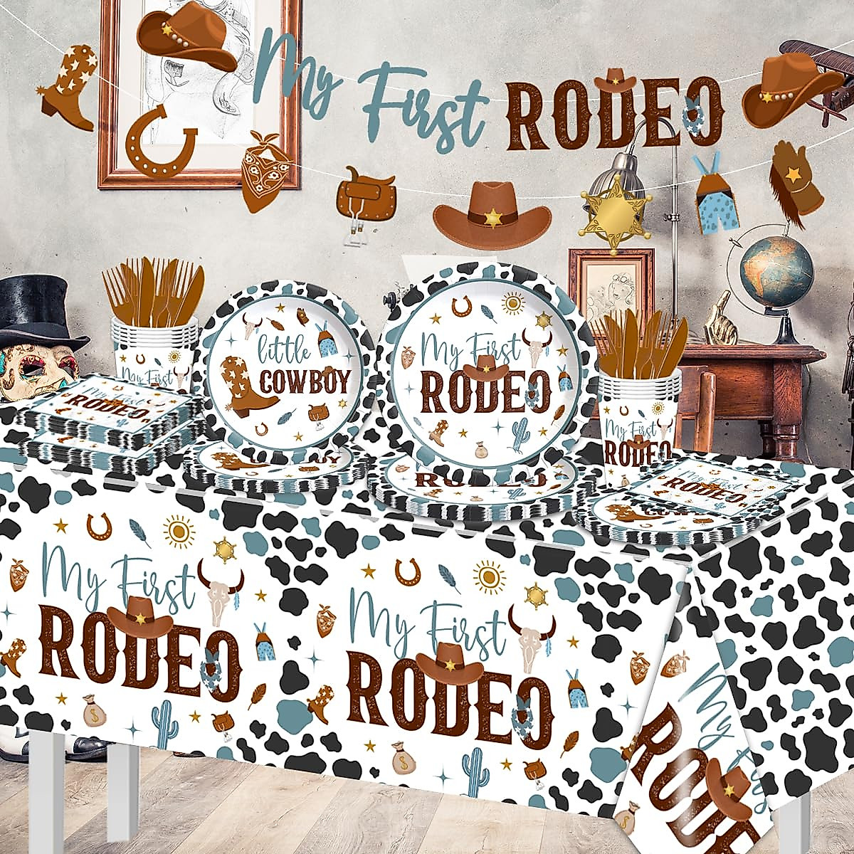 My First Rodeo Birthday Party Supplies Boy-142Pcs Western Cowboy Tableware 1st Rodeo Birthday Party Decorations Blue My First Rodeo Baby Shower Dinnerware for Boy