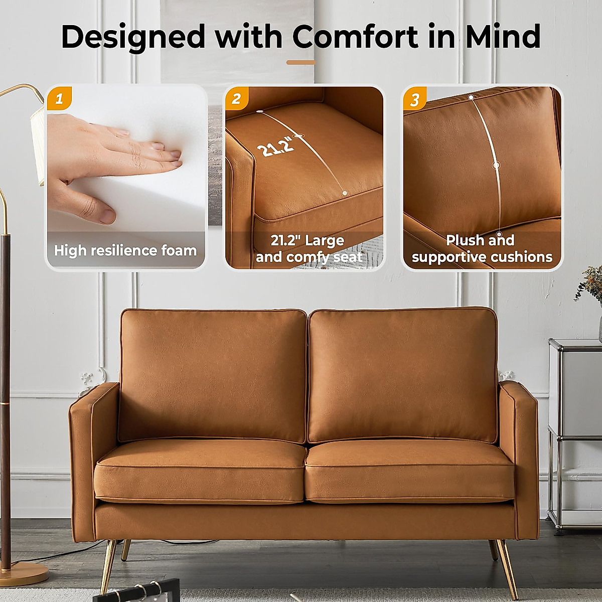 VINGLI 56" Modern PU Leather Loveseat,Small Sofa Couch Deep Seat for Living Room,2-Seater Loveseat Sofa for Bedroom,Apartment,Office,Dorm,Small Space,Cognac