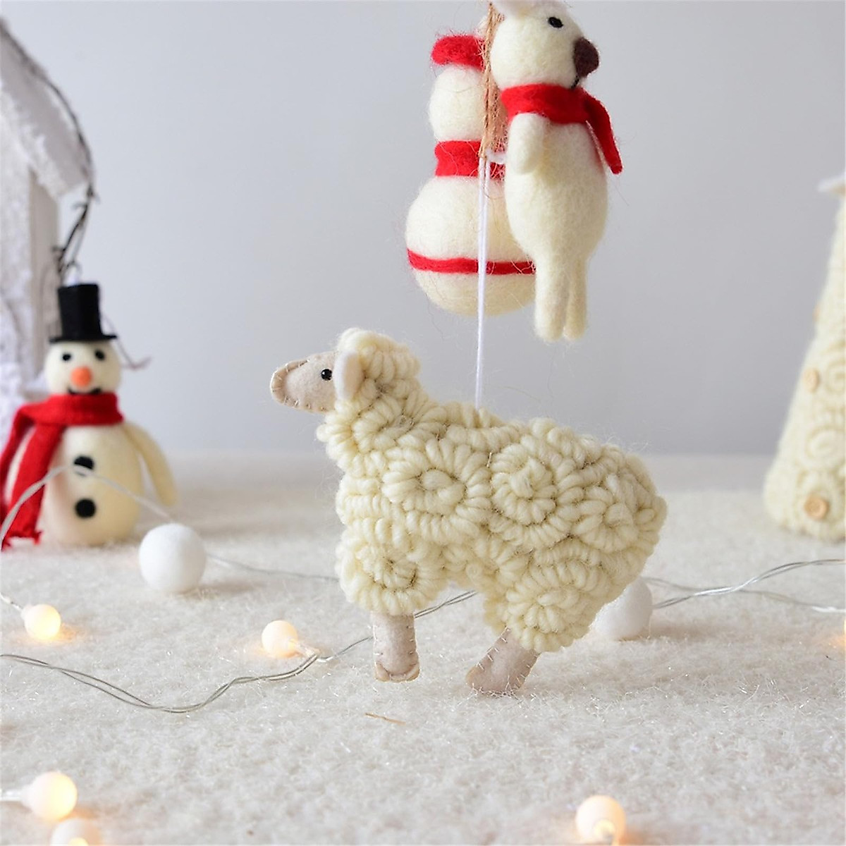4 Pcs Felt Sheep Christmas Tree Ornaments - Curly Sheep Decorative Hanging Ornaments for Holiday Party - Beige