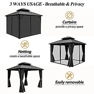 GARTOO 10x10FT Outdoor Hardtop Gazebo with Double Roof - Heavy-Duty Galvanized Steel Top Aluminum Frame Gazebo with Breathable Netting & Privacy Curtain for Patio, Porch, Garden, Lawn, Deck, Backyard