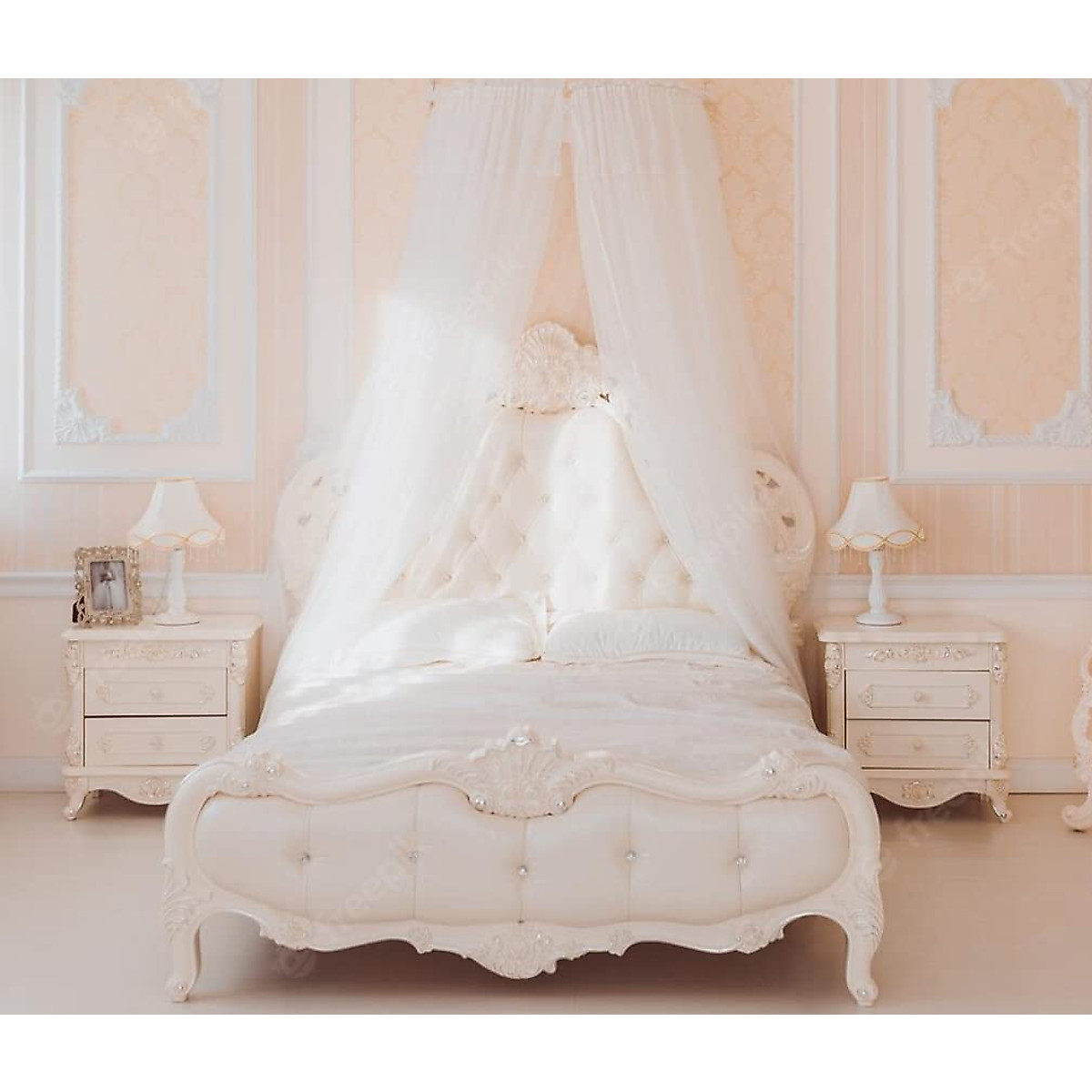 ADESIGNSTORE White Princess canopy with two tulle 9" pom poms set - Baby Crib Bed Mosquito net Reading Nook - Princess House Castle Bed Hanging Sheer Canopy 10 Layers