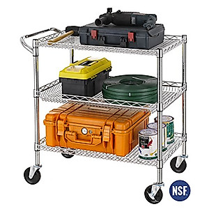 Finnhomy 3 Tier Heavy Duty Commercial Grade Utility Cart, Wire Rolling Cart with Handle Bar, Steel Service Cart with Wheels, Utility Shelf Plant Display Shelf Food Storage Trolley, NSF Listed