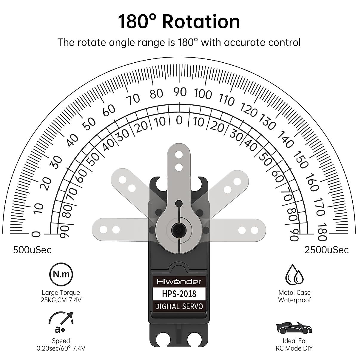 20KG RC Servo High Torque Servo Motors, Waterproof Full Metal Gear Steering Servo for 1/6 1/8 1/10 1/12 RC Car Robot DIY, Digital Servo with 25T Servo Horn, Control Angle 180°