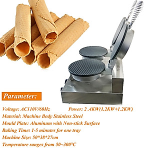 HQHAOTWU Ice Cream Cone Maker Electric Ice Cream Cone Waffle Maker Machine Nonstick Ice Cream Waffle Roll Maker Stainless Steel Egg Roll Maker Waffle Cone Machine Time Control Double Head 110V