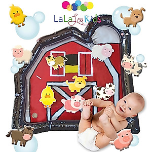 LaLa Lou Kids Tummy Time Mat Premium Inflatable Big Red Barn Farmer Toy Tummy Time Water Mat with Stimulation Toys Promoting Muscles Development and Motor Skills in Infants and Toddlers
