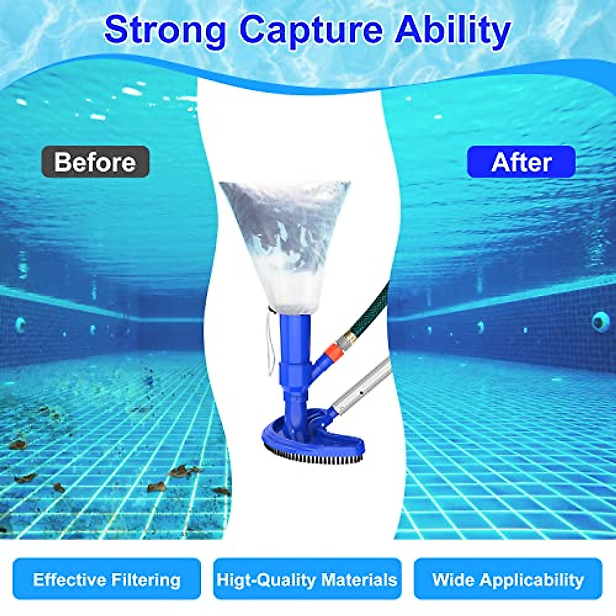 Upgraded Pool Vacuum for Above Ground Pools with Unique Lock Catch Design,Brushes & Leaf Bag,Portable Pool Vacuum Jet Handheld Pool Leaf Vacuum,Attaches to Garden Hose for Pool Spas Ponds