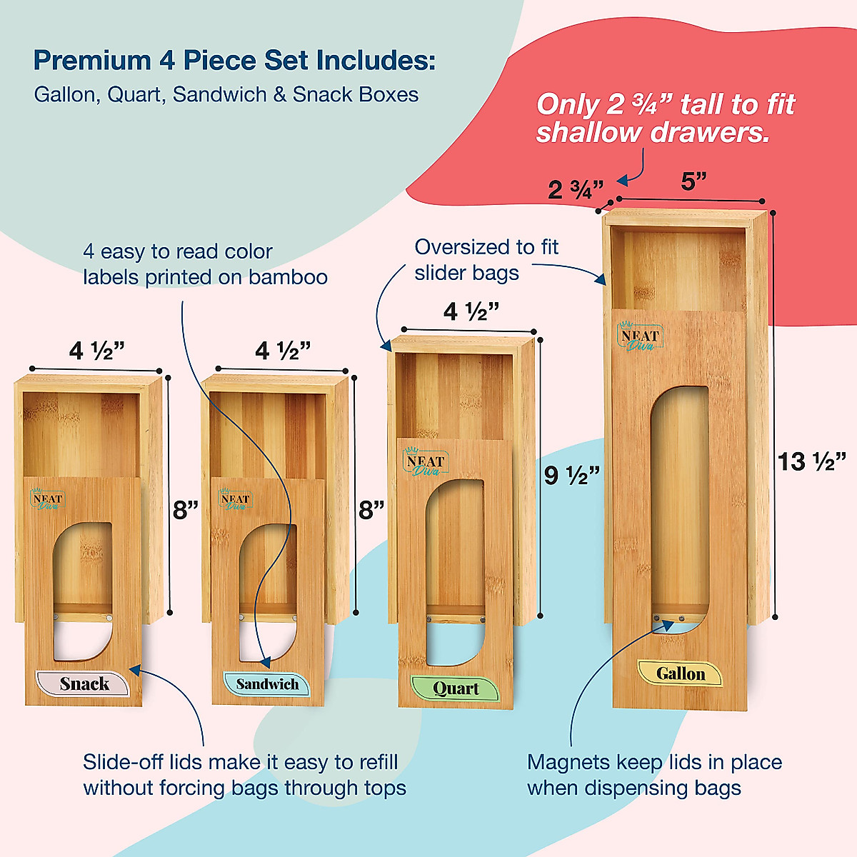 Neat Diva 5 Piece Bundle includes a 4 Piece Set of Ziplock Bag Organizers plus a 2-in-1 Foil and Plastic Wrap Organizer, Aluminum Foil Organization Storage Bag Organizer Kitchen Drawer