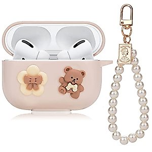 Cute AirPod Pro 2 Case with Pearl Wrist Chain Flower Bear Design Soft Protective Cover Compatible with AirPods Pro 2nd Generation 2022 Case for Women and Girls (Brown)