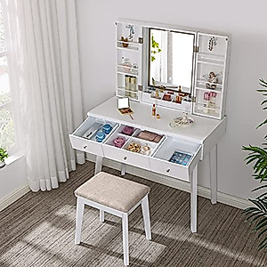 BEWISHOME Vanity Desk with Lighted Mirror, Makeup Vanity with Lights, White Vanity Set with 3 Color Lighting Modes Adjustable Brightness, Makeup Cabinet 3 Drawers Dressing Table for Women FST12W