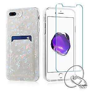 ZIYE Designed for iPhone 7 Plus Case with Card Holder for Women Girls iPhone 8 Plus Glitter Bling Shell TPU Protective Bumper ID Card Pocket with Screen Protector Ring Holder 5.5'' Colorful