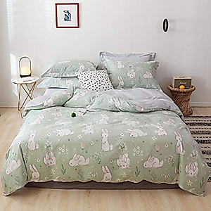 BlueBlue Rabbit Kids Duvet Cover Set, 100% Cotton Bedding for Boys Girls Teens Single Bed, Cartoon White Rabbit Flower Pattern Print on Light Green, 1 Comforter Cover 2 Pillowcase (Twin, Cute Rabbit)