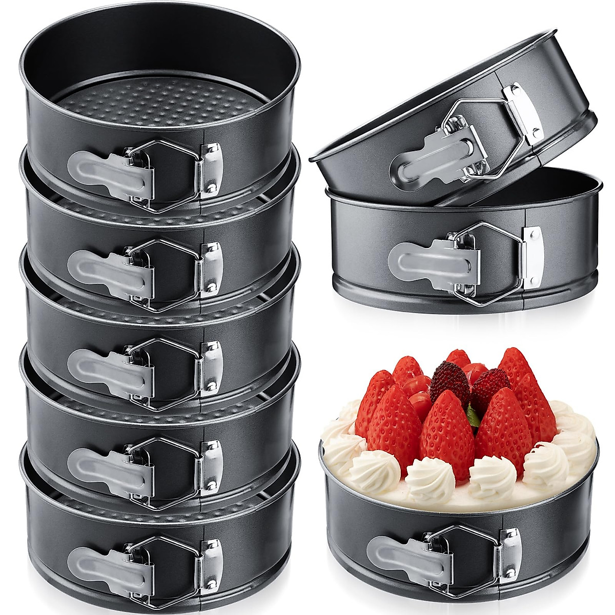 Sunnyray 8 Pieces 7 Inches Round Stainless Steel Springform Cake Pan with Removable Bottom, Nonstick, Ideal for Cheesecakes, Cakes, Cookies - Black